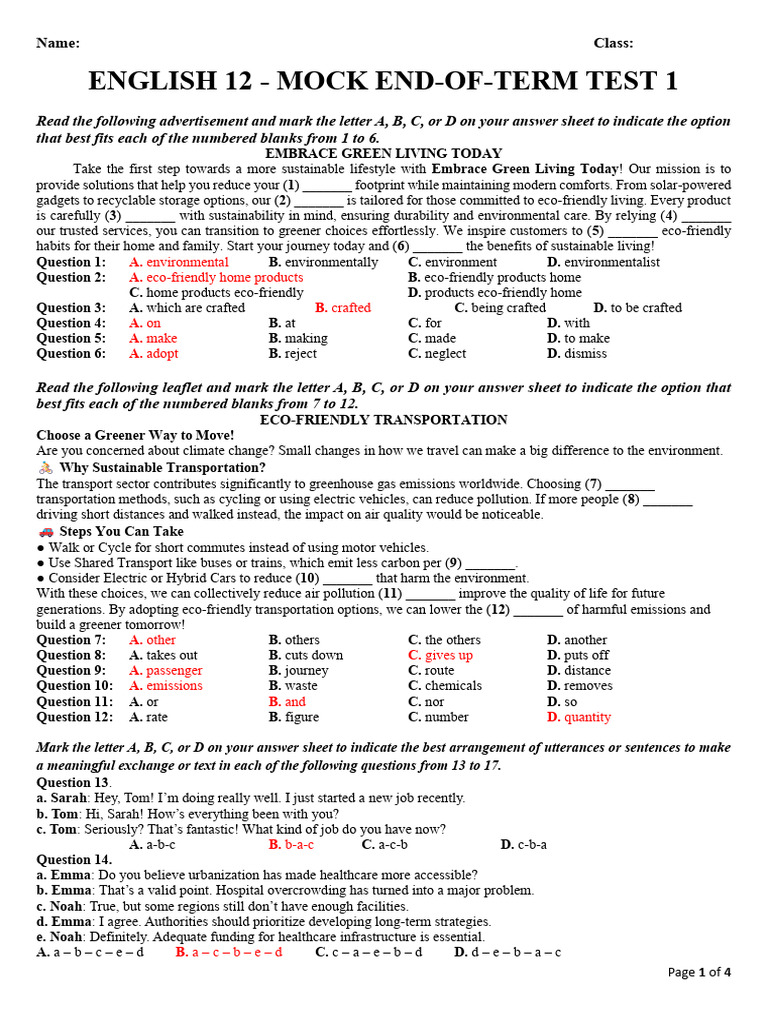 E12_Mock End-of-term Test 1 (Keys) | PDF | Urbanization | Transport