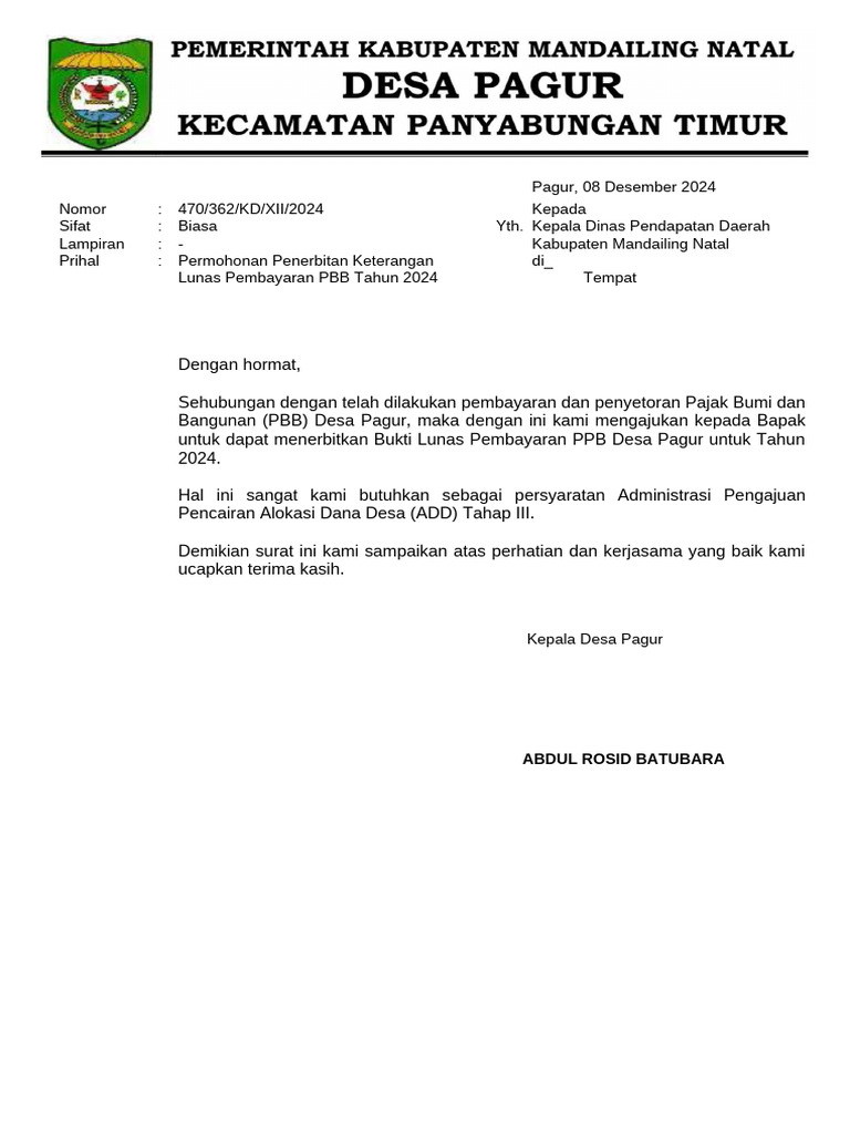 Permohona Penerbitan Bukti Lunas Pembayaran PBB Tahun 2024 | PDF