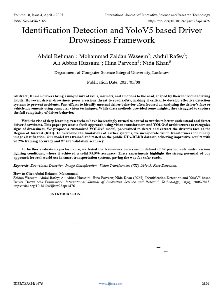 Identification Detection And Yolov5 Based Driver Drowsiness Framework Pdf Computer Vision