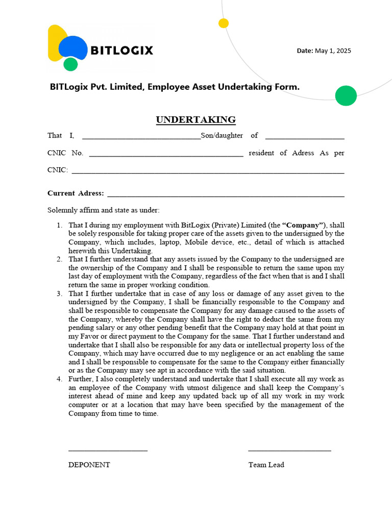 Employee Asset Undertaking Form | PDF | Private Law | Business