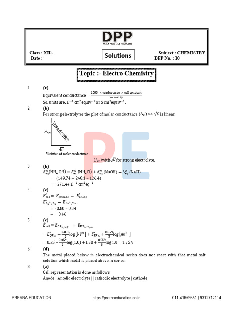 Electrochemistry DPP Solutions for Class XII | PDF | Redox ...