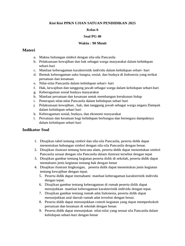 Kisi Kisi PPKN UJIAN SATUAN PENDIDIKAN 2025 | PDF