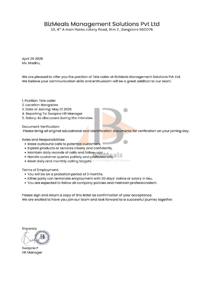 Madhu Offer Letter | PDF