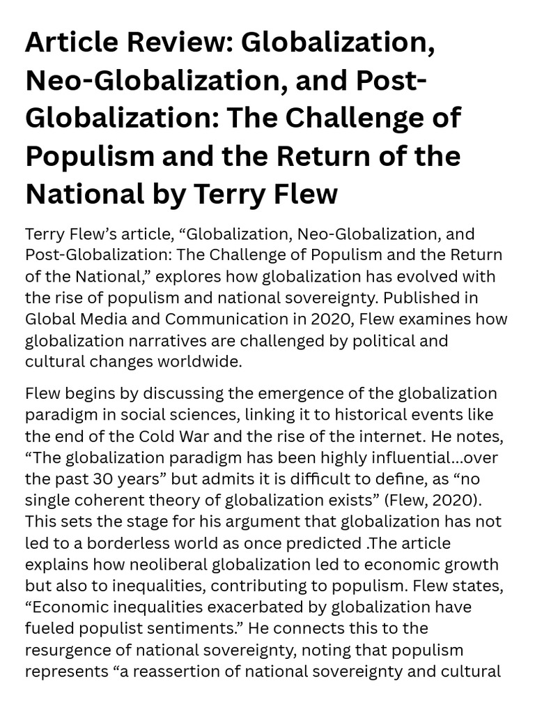 Article Review Globalization, Neo-Globalization, and Post-Globalization ...