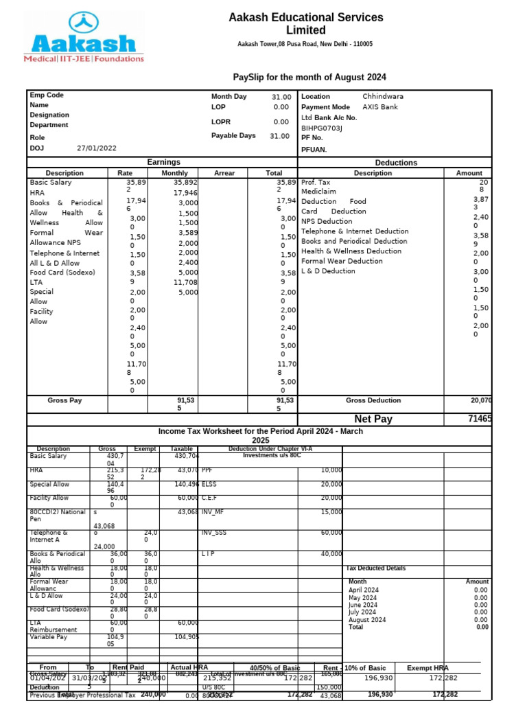 Aakash Institute Faculty Salary Slip | PDF | Taxes | Tax Deduction