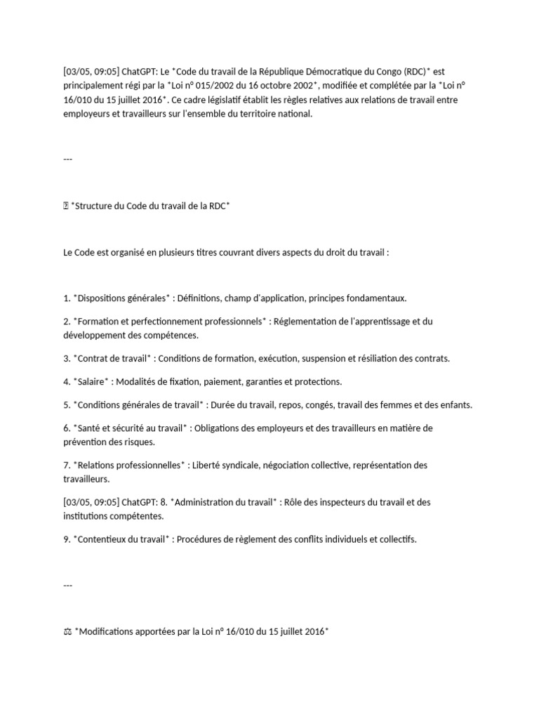 Code du travail RDC : Loi 2016 et structure | PDF | Justice | Crime et ...