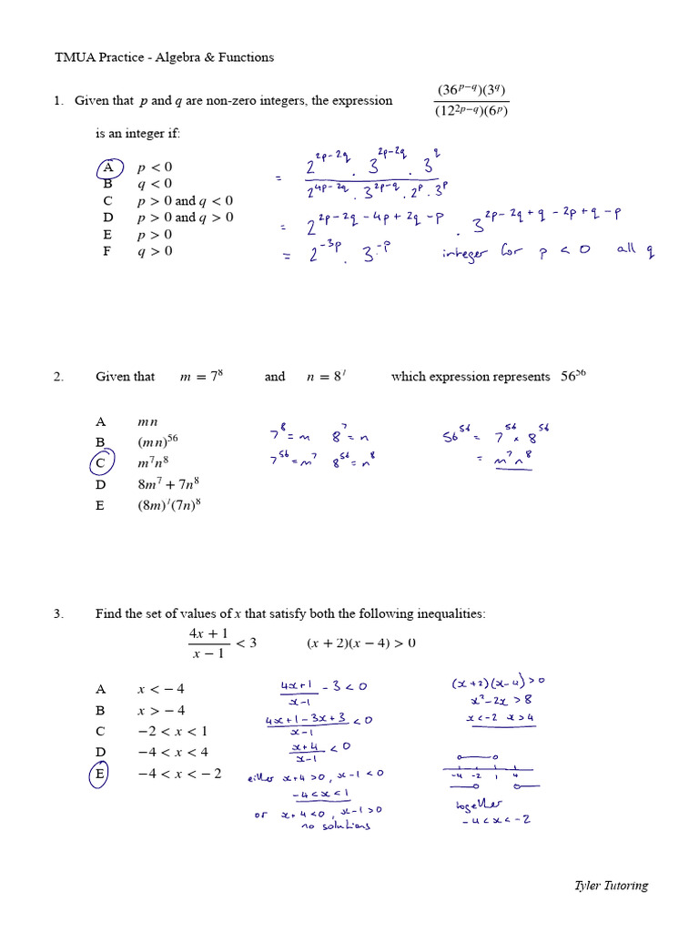 Algebra & Functions TMUA Practice | PDF | Equations | Polynomial