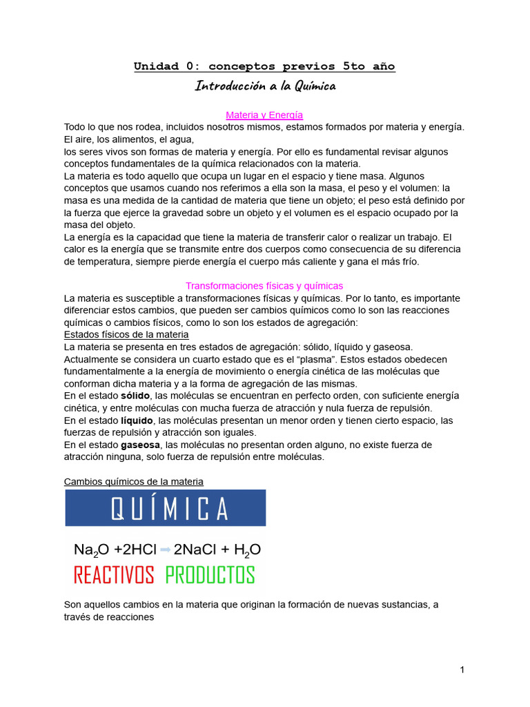 Unidad0 ConceptosPrevios 5toInt.qu Mica. (1) | PDF | Átomos | Importar