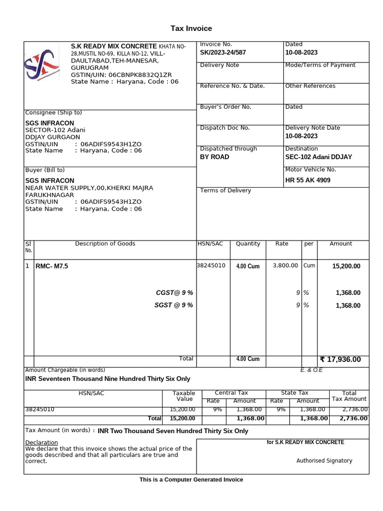 SK Ready Mix Concrete Tax Invoices | PDF | Invoice | Taxes