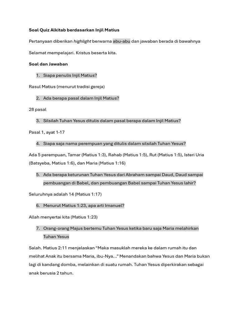 Soal Dan Jawaban Quiz Alkitab Injil Matius | PDF