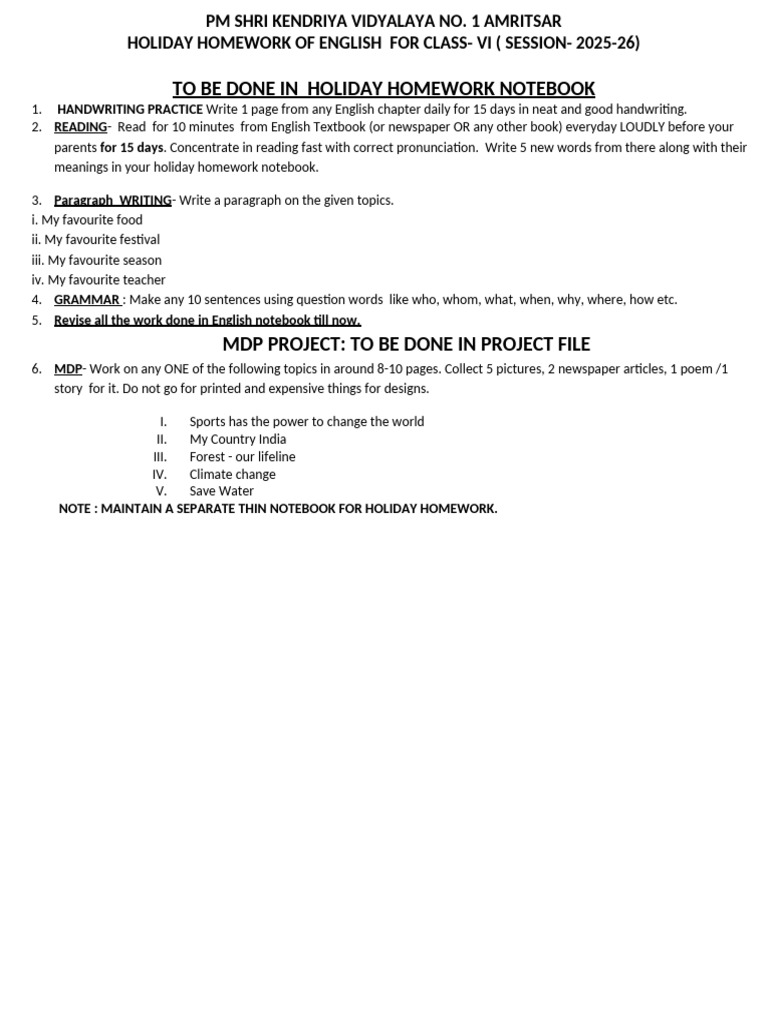 Class VI English Holiday Homework 2025-26 | PDF