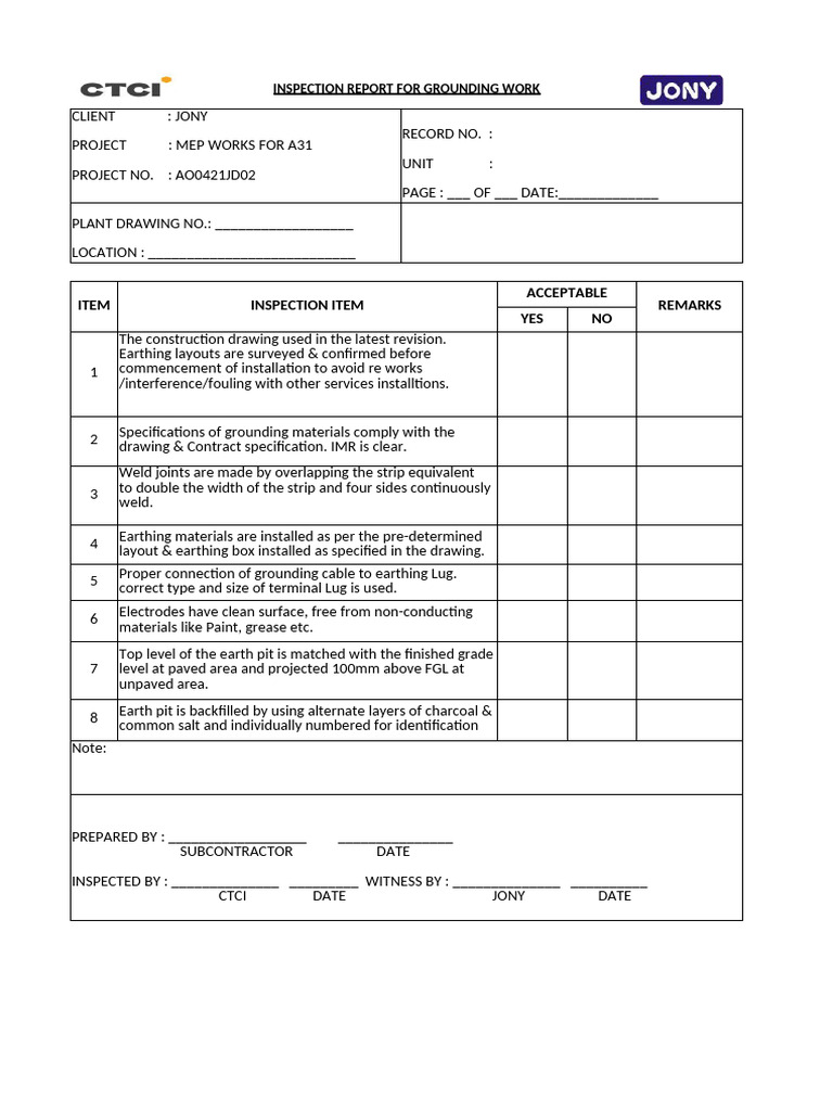 Grounding Work Inspection Report | PDF