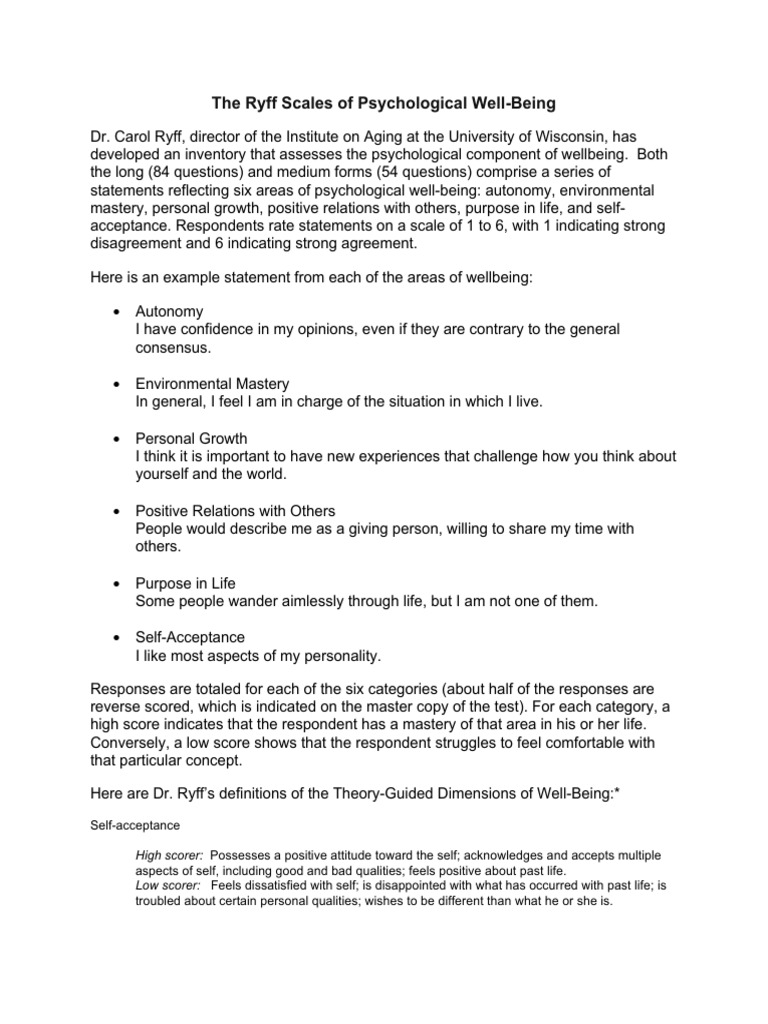 Ryff Psychological Well Being Handout | PDF | Well Being | Goal