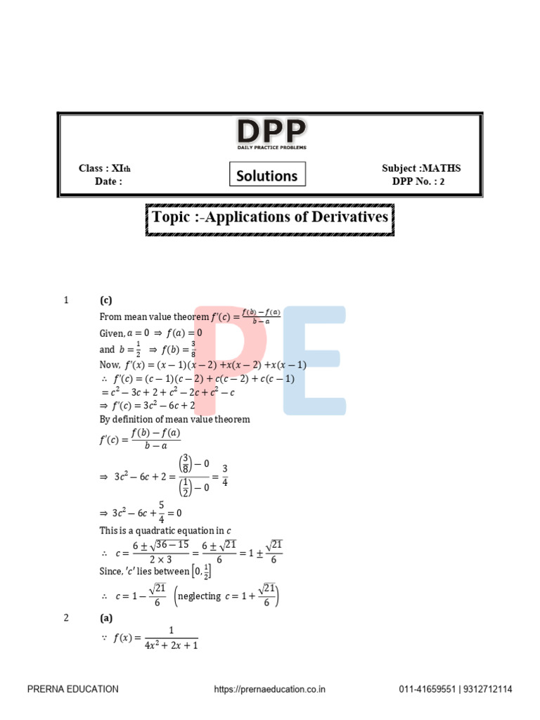 Application of Derivatives DPP2 Solution | PDF | Mathematical Relations | Mathematical Physics