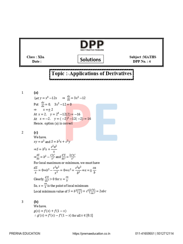 Application of Derivatives DPP4 Solution | PDF | Zero Of A Function | Abstract Algebra