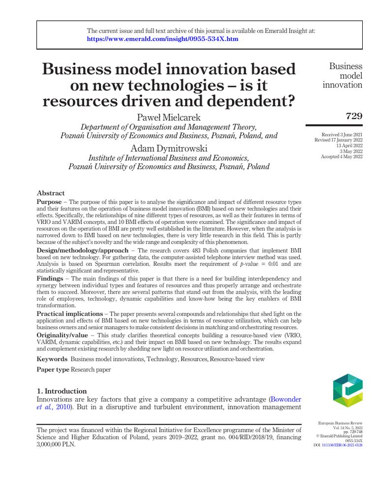 Business Model Innovation Based On New Technologies-Is It Resources ...