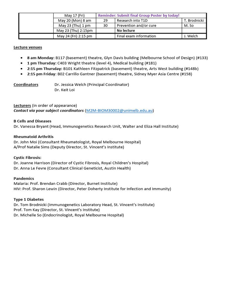 BIOM30002 - 2024 - Lecture-Schedule - Draft (Dragged2) | PDF