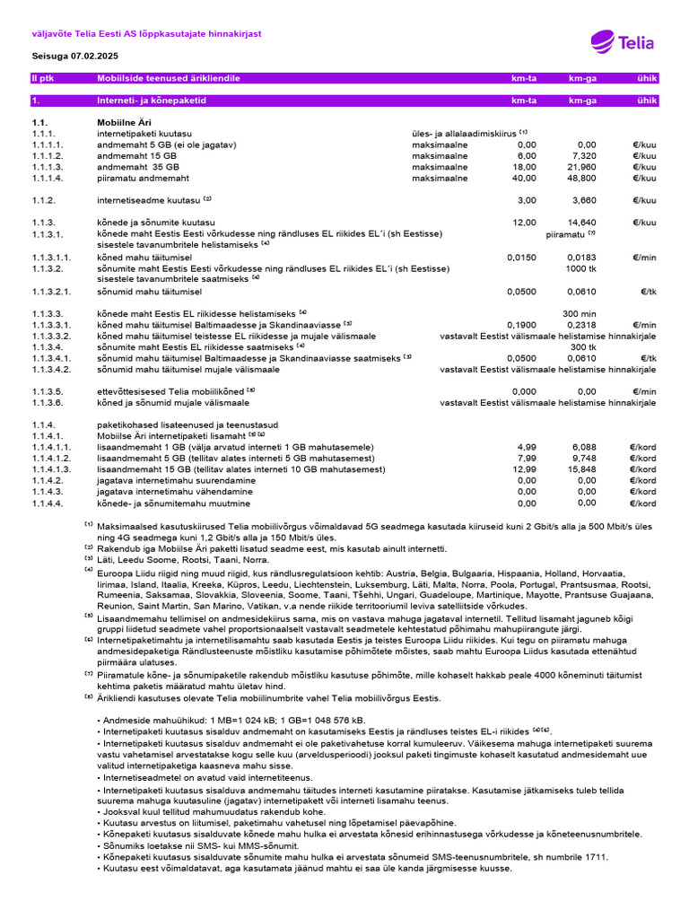 Telia Eesti Mobiilsedteenused Ari Hinnakiri | PDF