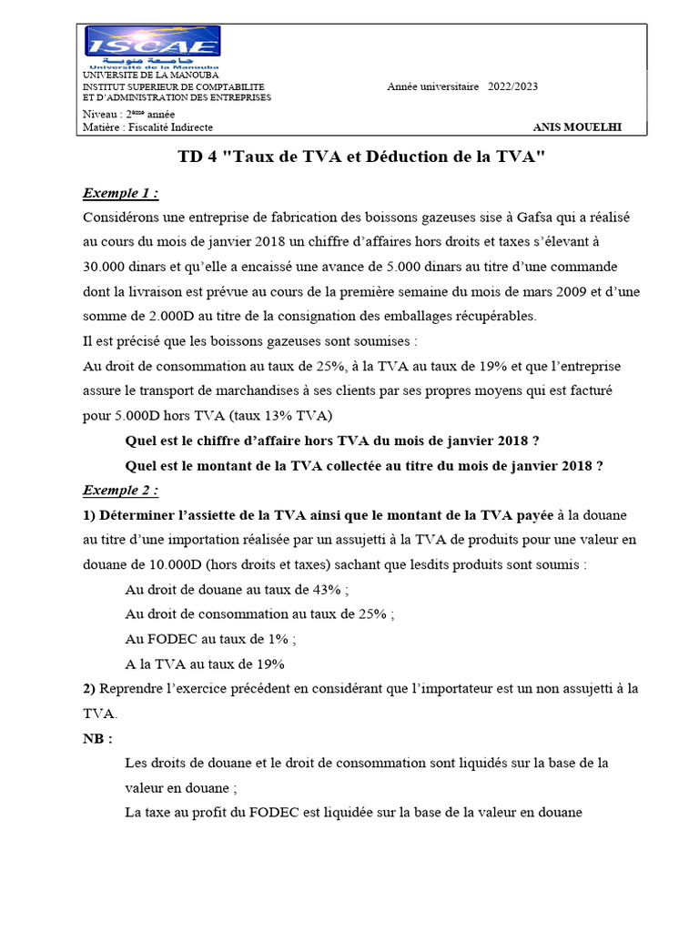 Taux de TVA et Déduction : Exemples Pratiques | PDF | Taxe sur la ...