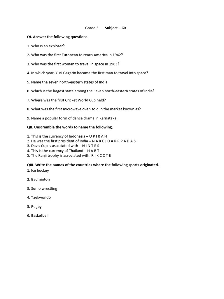 Class 3 General Knowledge Questions | PDF