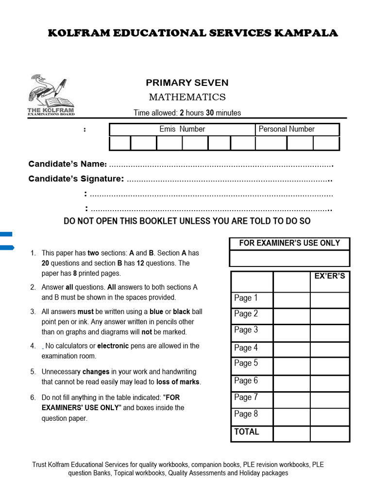 Standard Kolfram p7 Mathematics End of Term I Exams | PDF | Mathematics ...