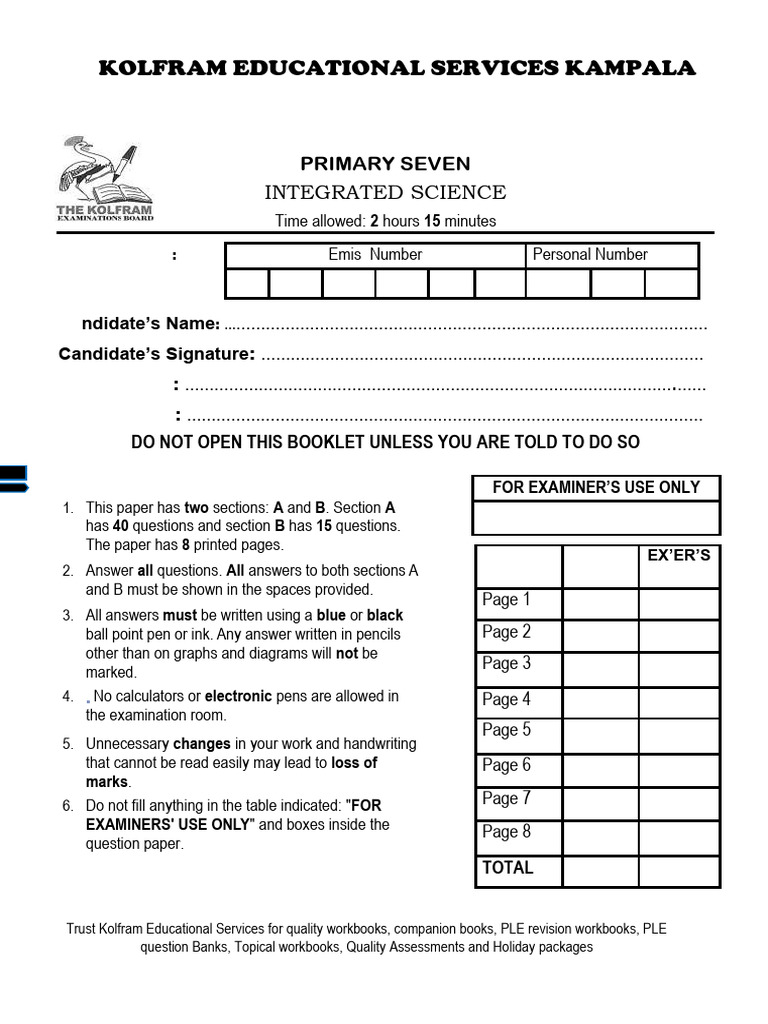 Standard Kolfram p7 Science End of Term i Exams Final | PDF