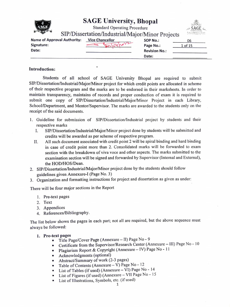 SOP 06 - SIP, Dissertation, Industrial, Major, Minor Project | PDF | Quality | Business Process