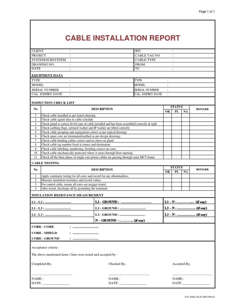 Electrical Cable Installation Insp. Report | PDF | Technology & Engineering