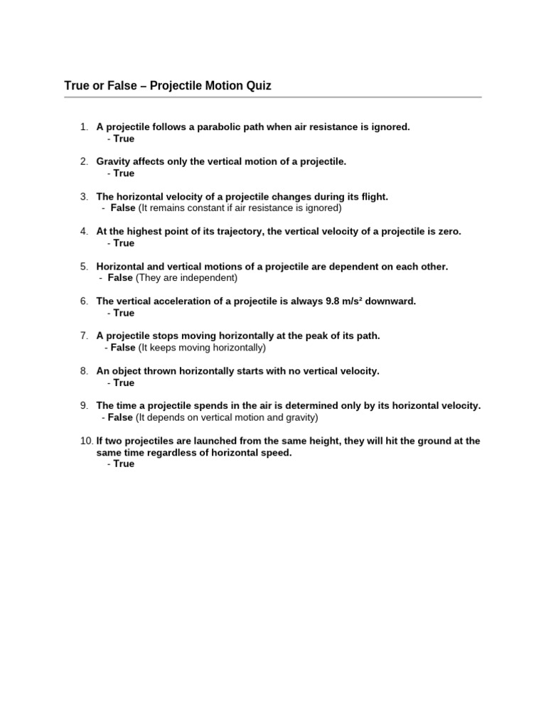 True or False - Projectile Motion Quiz | PDF