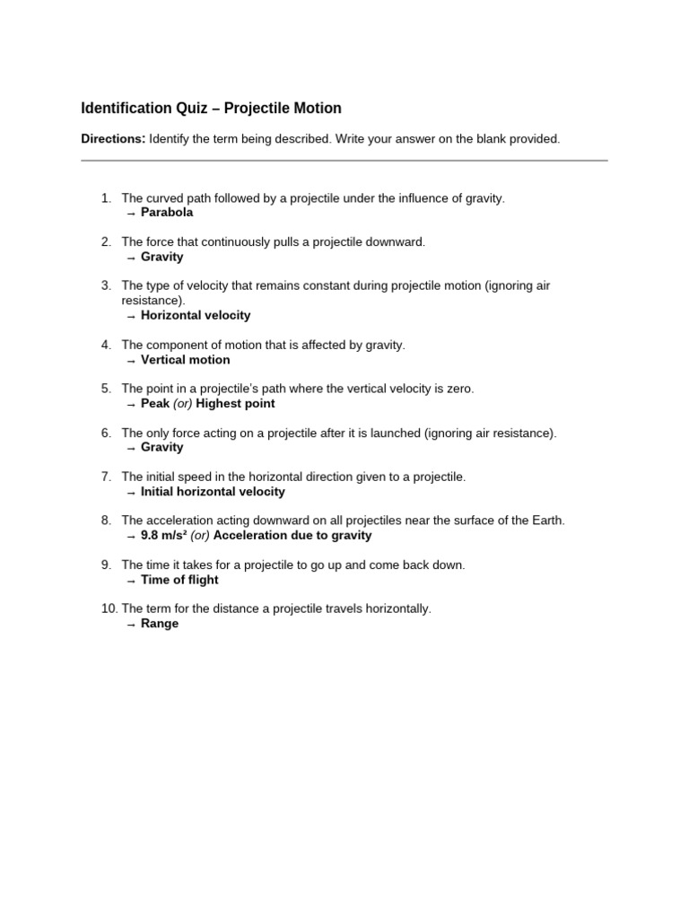 Identification Quiz - Projectile Motion | PDF