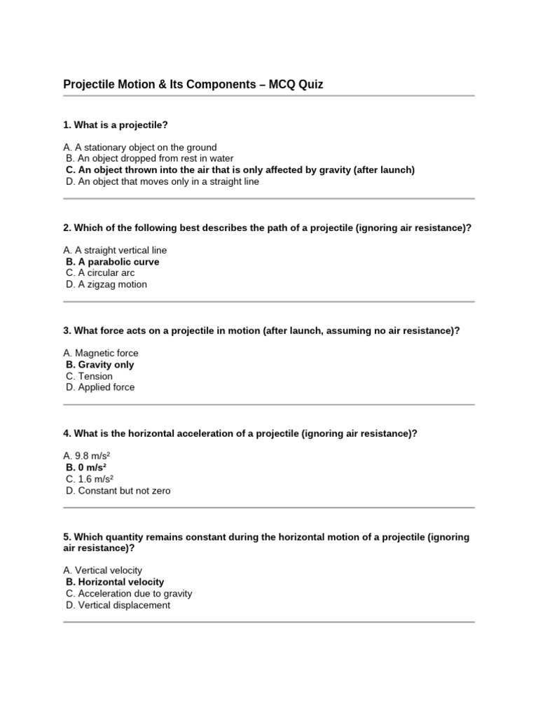 Projectile Motion & Its Components - MCQ Quiz | PDF