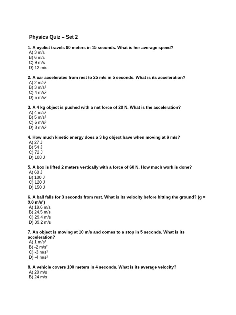 Physics Quiz - Set 2 | PDF