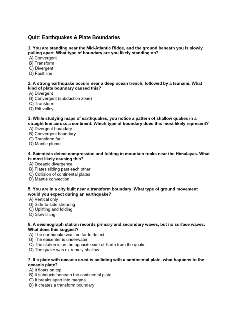 Quiz - Earthquakes & Plate Boundaries | PDF | Plate Tectonics | Earthquakes