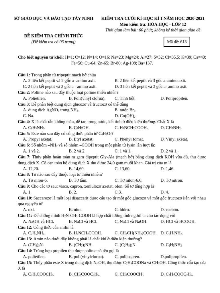 de hk1 hoa 12- 20-21 | PDF