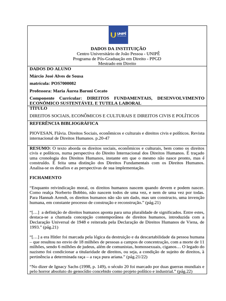 Fichamento - Flavia Piovesan | PDF | Direitos Humanos | Economia