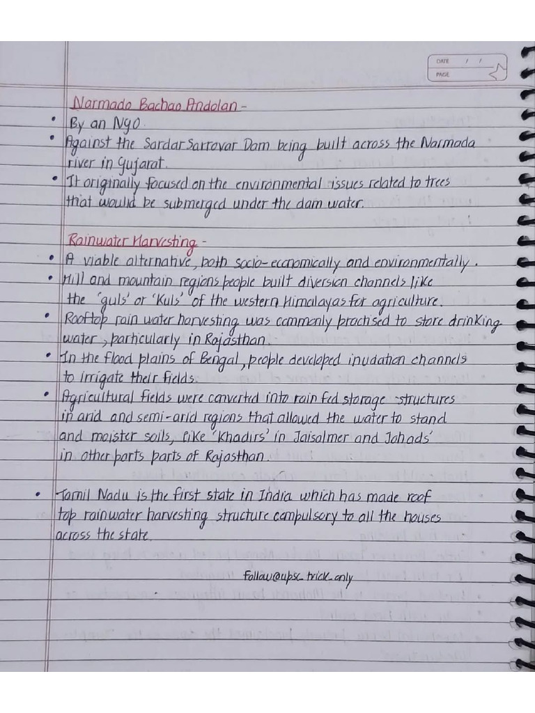 NCERT Geography Class 10 Handwritten Notes Narmada Bachao Andolan | PDF