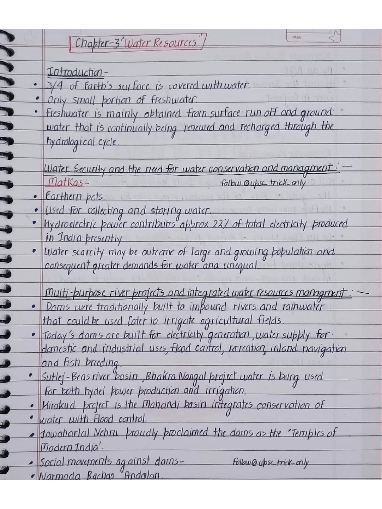 NCERT Geography Class 10 Handwritten Notes Water Resources | PDF
