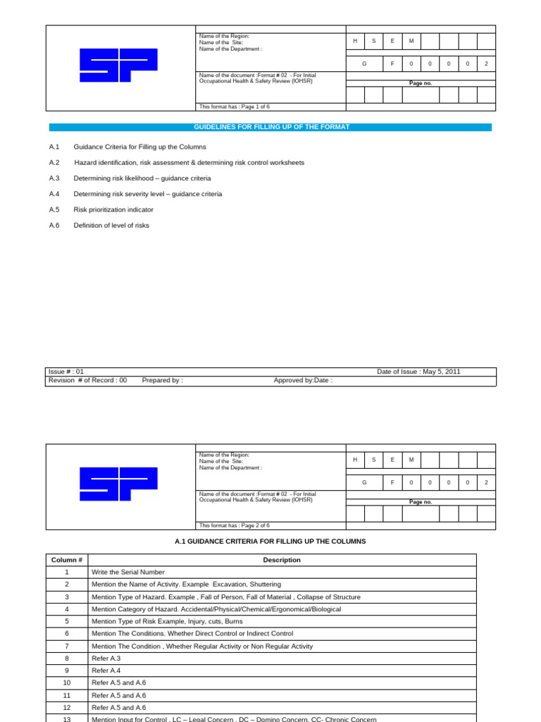 Initial Occupational Health & Safety Review Format | PDF | Risk ...