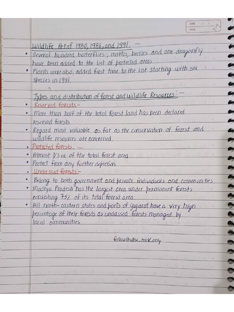 NCERT Geography Class 10 Handwritten Notes Wildlife Protect | PDF