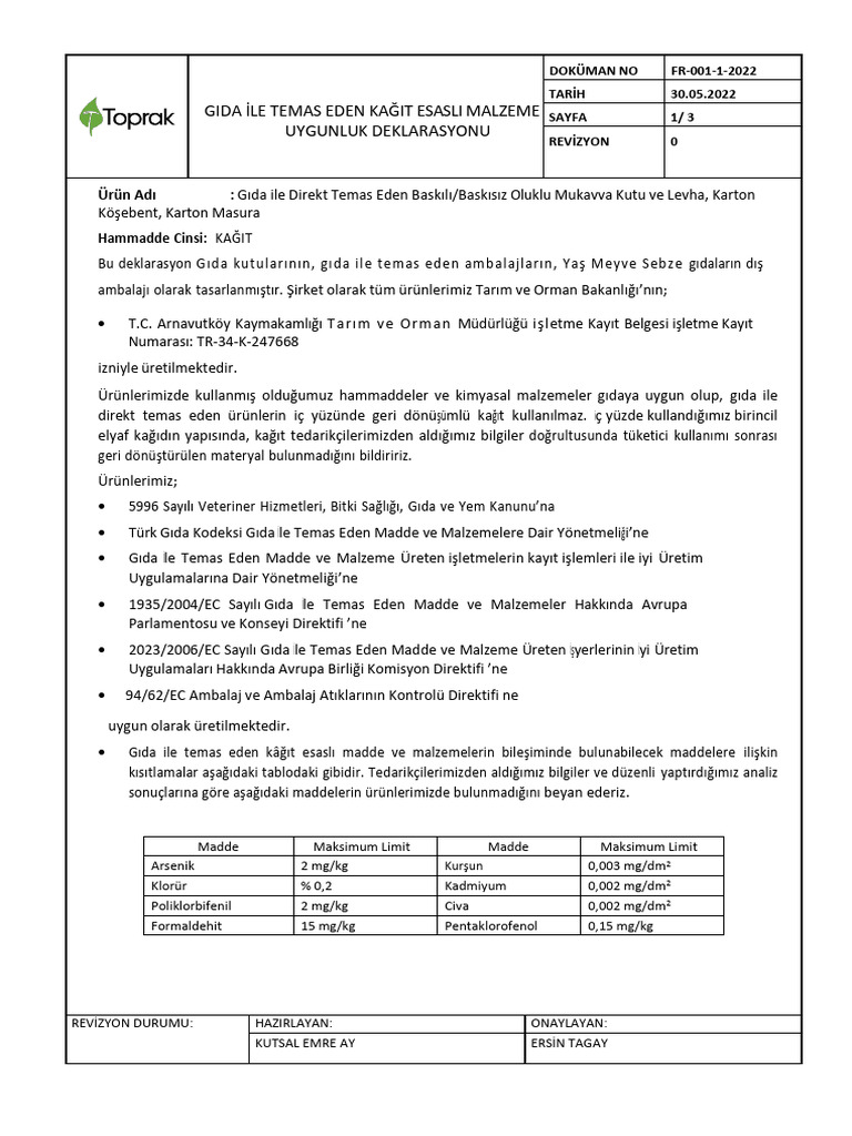 Gida Ile Temas Eden Kagit Esasli Malzeme Uygunluk Deklarasyonu | PDF