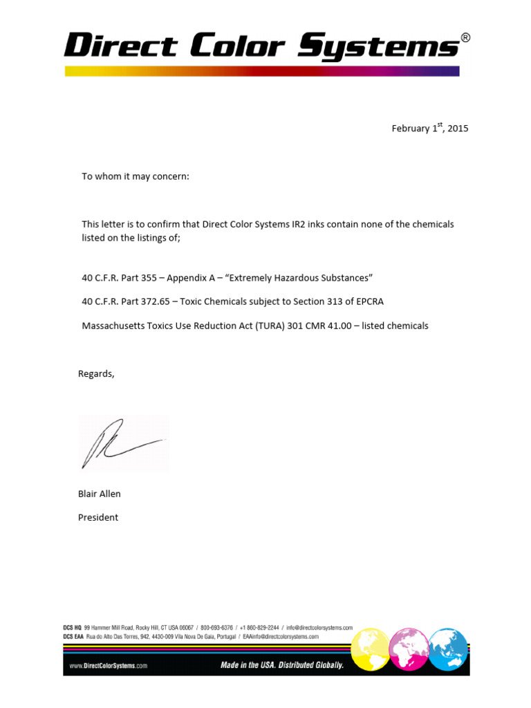DCS IR2 Multisolve Ink CFR Declaration 020115 | PDF