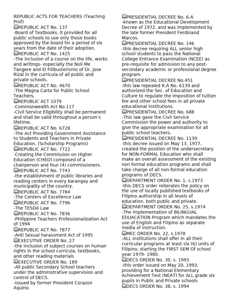 Key Republic Acts for Teachers in the Philippines | PDF | Pedagogy ...