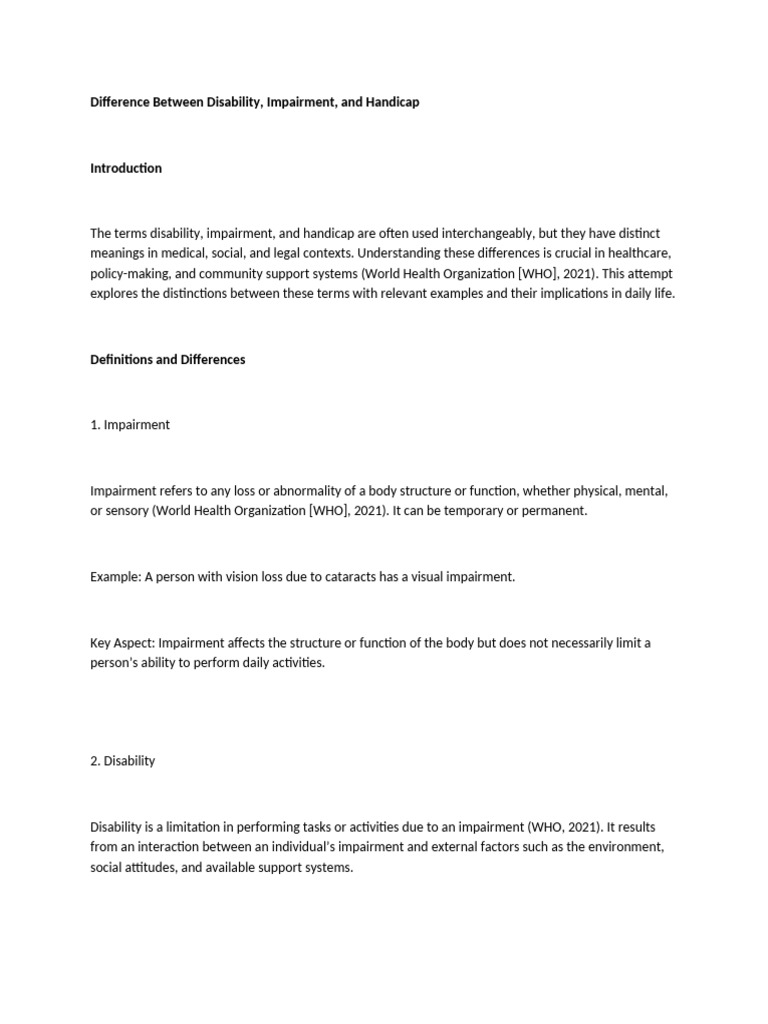 Distinctions: Disability, Impairment, Handicap | PDF | Disability ...