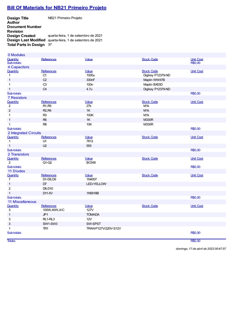 Bill of Materials NB21 Primeiro Projeto | PDF | Electricity | Electronic Design