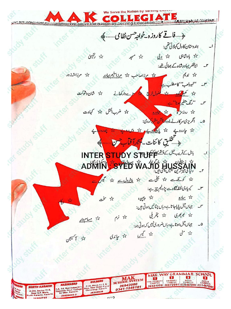 MAK Collegiate CHP Wise MCQs Urdu by Wajid Hussain | PDF