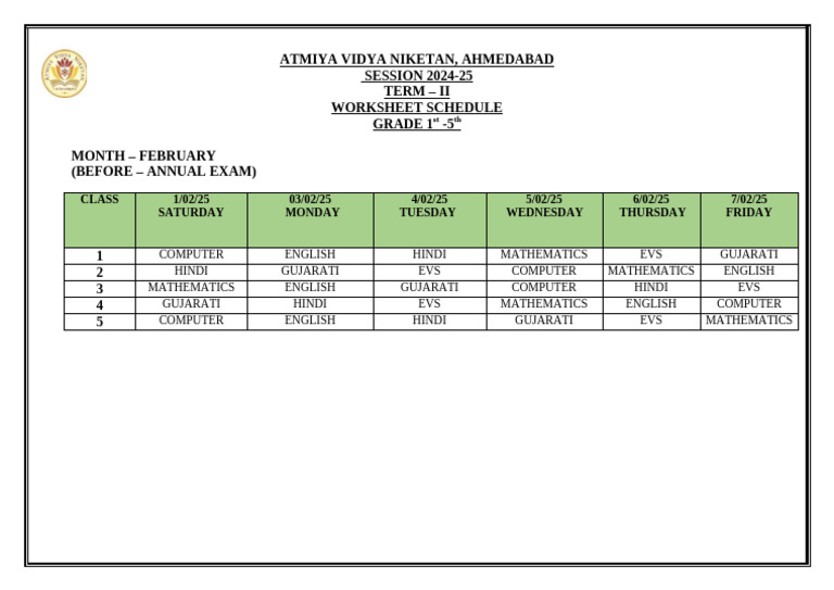 Worksheet Schedule Annual Exam | PDF