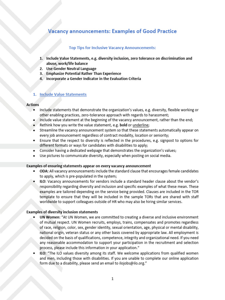 Vacancy Announcements Examples of Good Practice, UN Women | PDF ...