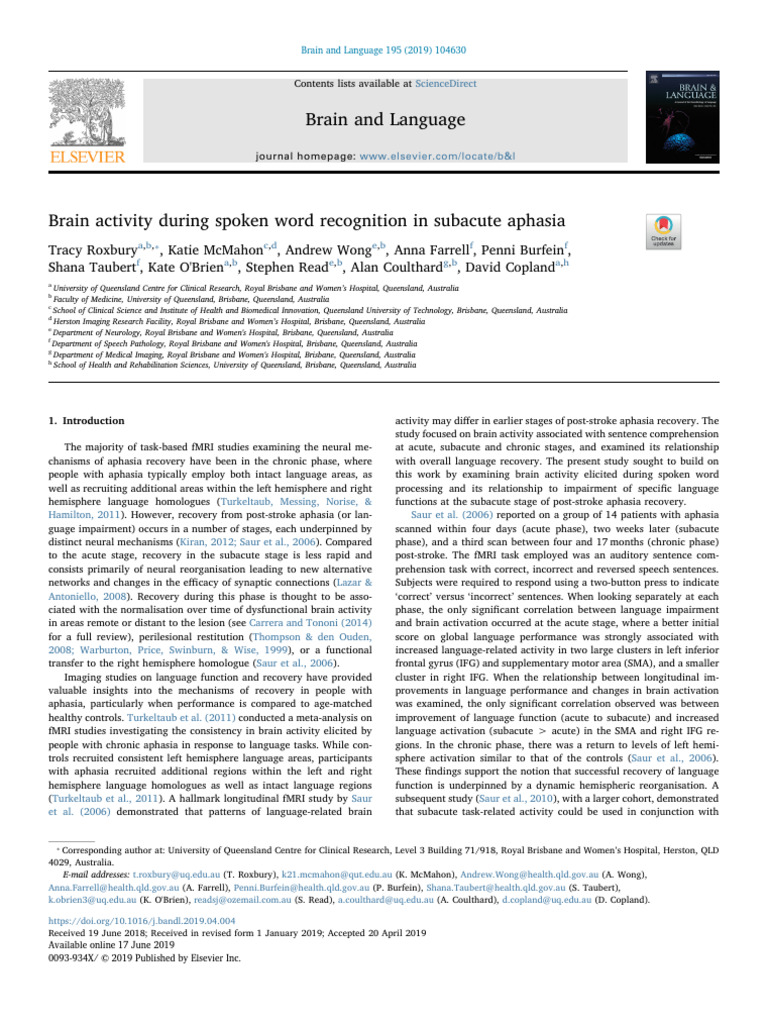 Brain Activity During Spoken Word Recognition in Subacute Aphasia | PDF ...