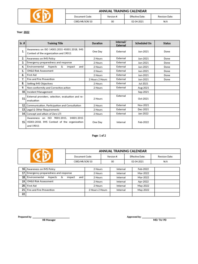10-Annual Training Calendar | PDF | Risk Assessment | Safety