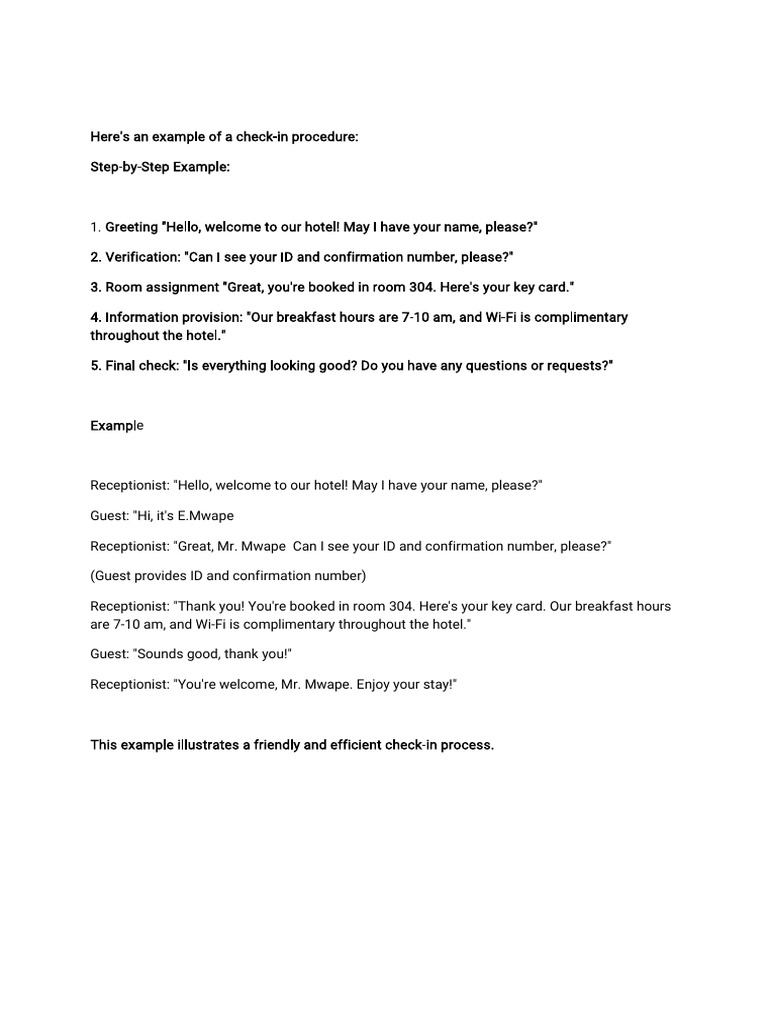 Hotel Check-In Procedure Example | PDF